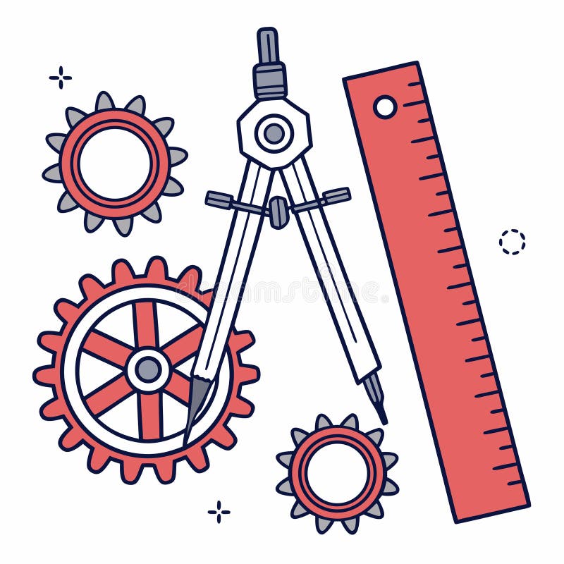 Engineering Tools with Compass Ruler and Gear Wheels Illustration Stock ...