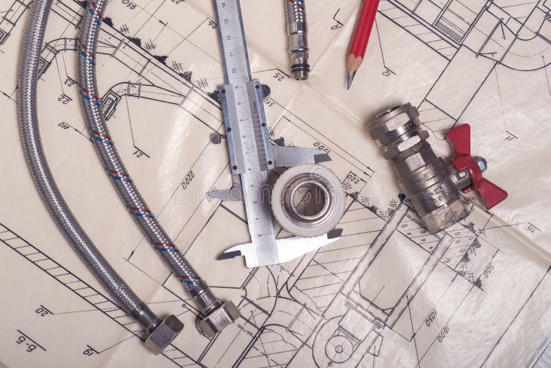 Engineering Tools and Plumbing Details on a Technical Drawing. Design ...