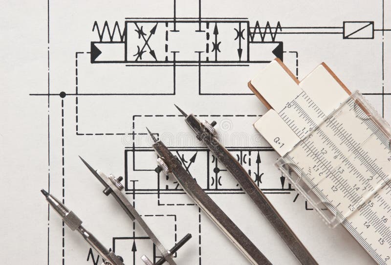 Engineering Tools on Technical Drawing Stock Photo - Image of painting ...