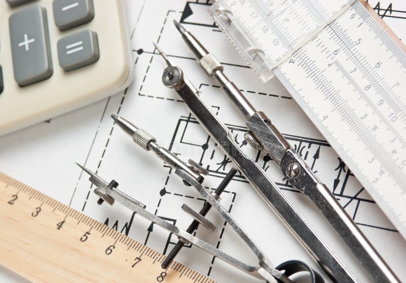 Engineering Tools on Technical Drawing Stock Photo - Image of ...