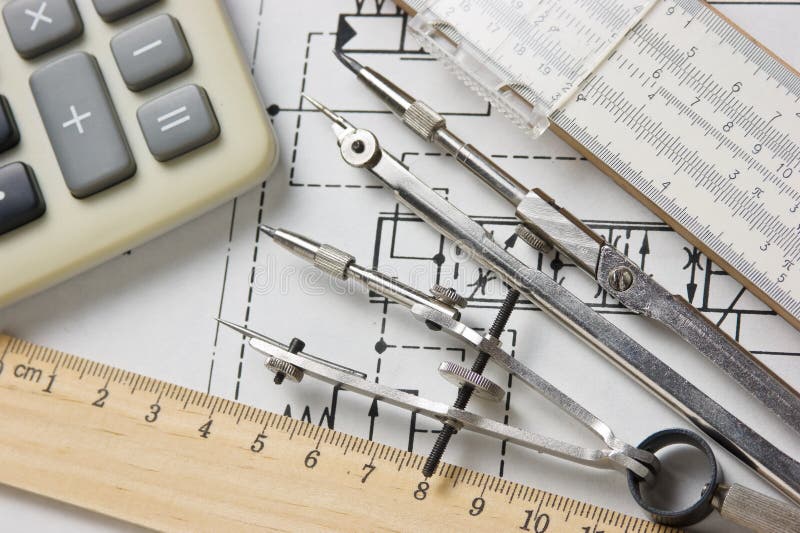 Engineering Tools on Technical Drawing Stock Image - Image of ruler ...