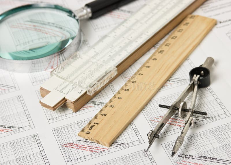 Engineering Tools on Technical Drawing Stock Photo - Image of compasses ...