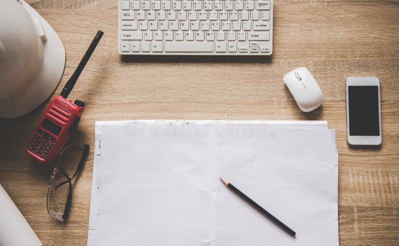 Engineering Tools on Work Table for Construction Project.with a White ...