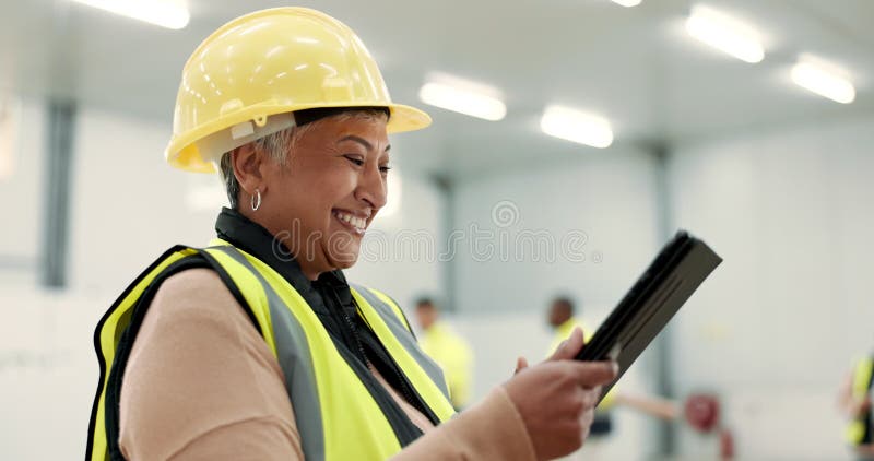 Engineering Woman, Thinking and Happy on Tablet in Construction ...