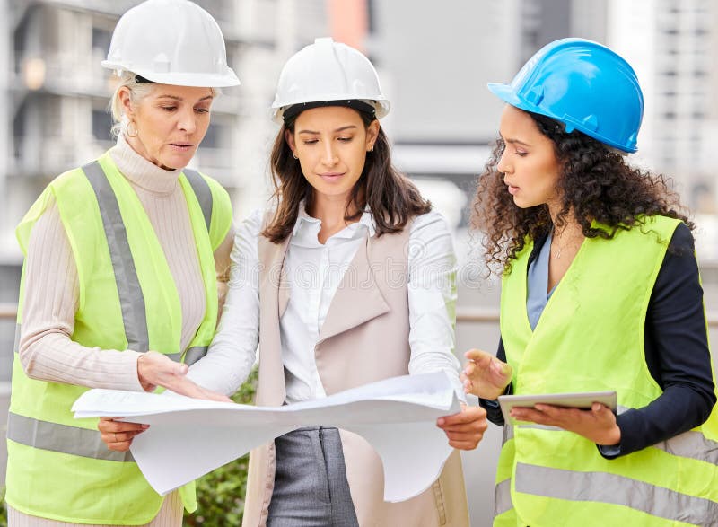 Engineering, Women or Blueprint for Construction Site, Teamwork or ... Engineering, Women or Blueprint for Construction Site, Teamwork or ...