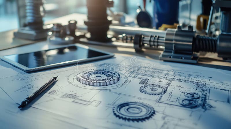 Engineering Work Table Showing Blueprint, Tablet, and Mechanical Parts ...