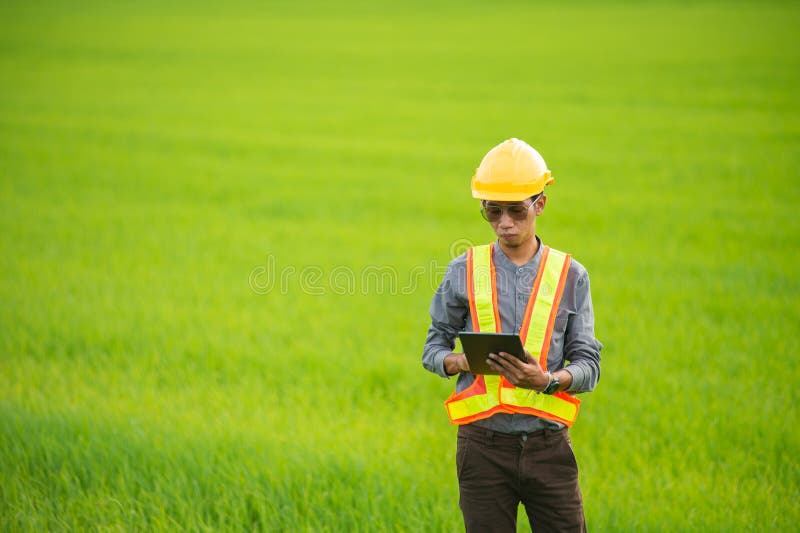 Engineering Worker Wearing Protective Wear Using Tablet while Standing ...
