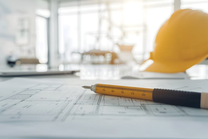 Engineering Workplace with Blueprint,Hard Hat,and Construction Tools on ...