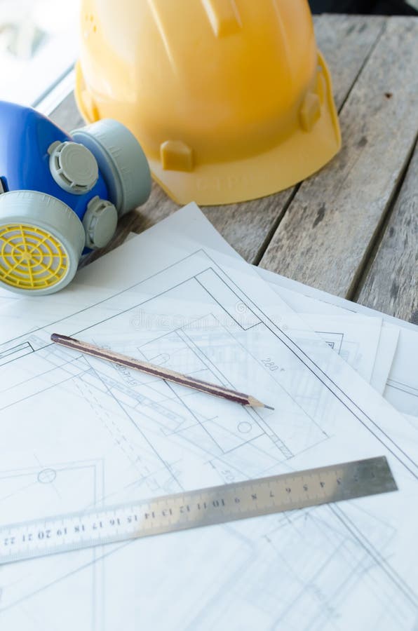 Engineering Workplace, Drawings, Protective Construction Helmet and ...