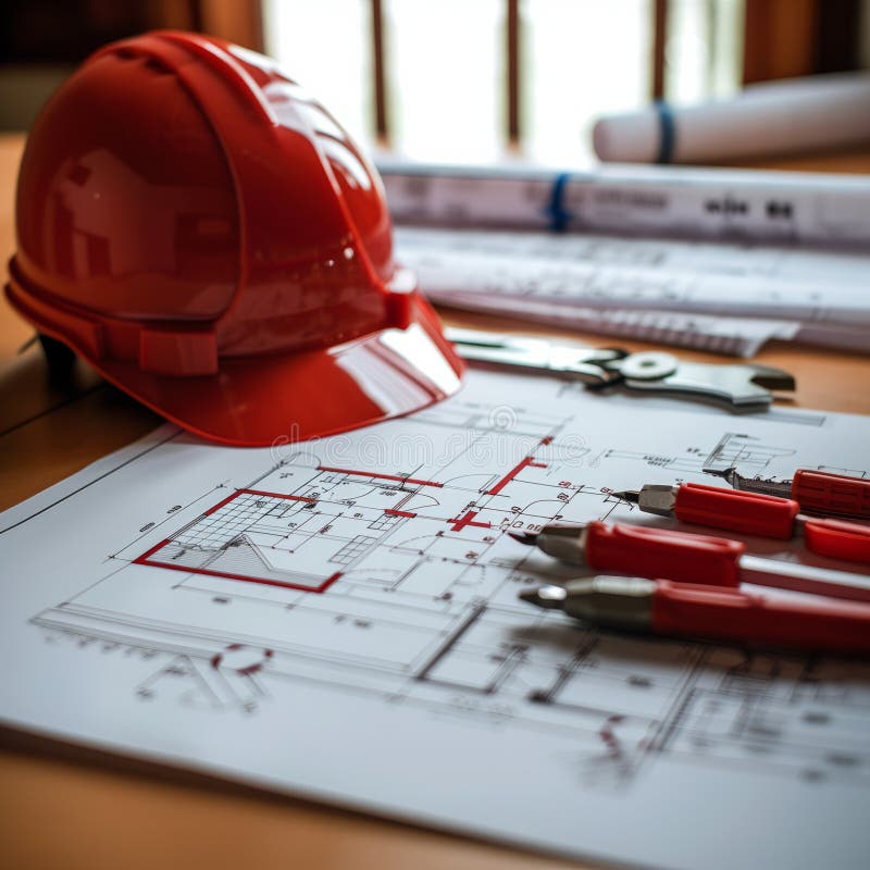 Engineering Workspace with Blueprints, Helmets, and Tools for Planning ...