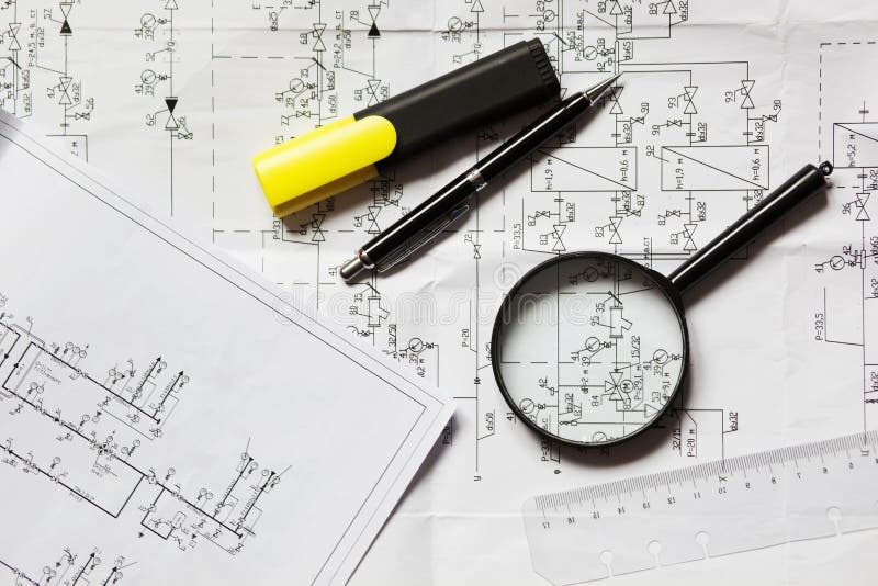 Engineeringl Drawing Paper for Construction with Magnifying Glass. Top ...