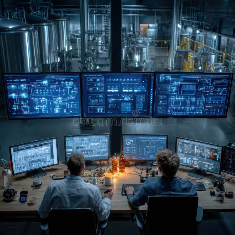 Engineers Analyzing Data at a Modern Control Room with Monitors Stock Illustration ...