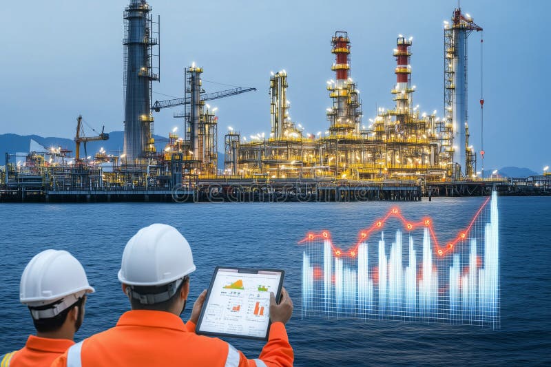 Engineers Analyzing Data while Overseeing Construction Project in Industrial Setting at Dusk ...