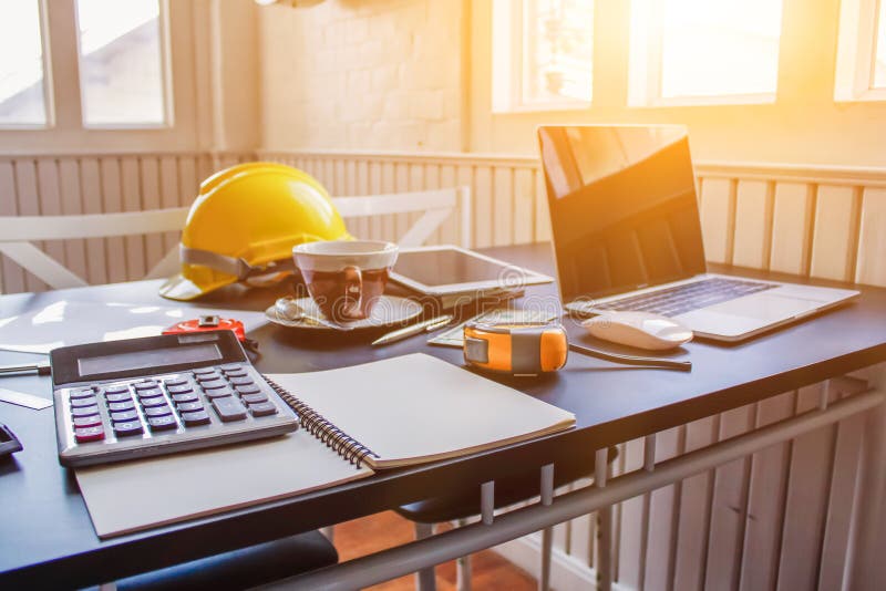 Engineers and Architects` Desk Filled with Blueprints, Stationery and ...