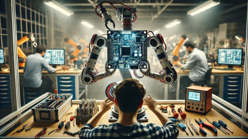 Engineers Assembling Robotic Arm in Tech Workshop with Electronic ...