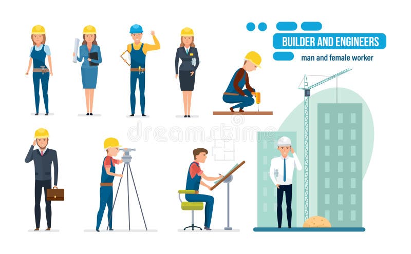 Engineers Cartoon Set with Construction Workers, Architect, Repairman ...