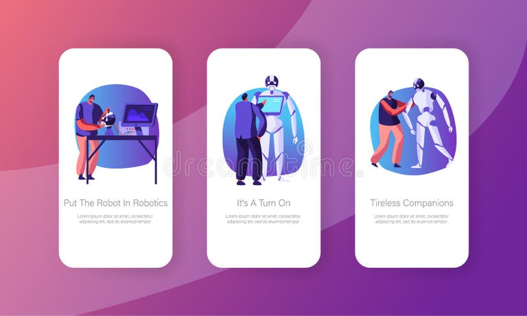 Engineers Characters Making and Programming Robots Mobile App Page Onboard Screen Set. Robotics ...
