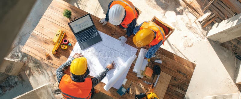 The Engineers Collaborate on Construction Plans at a Worksite Table. AI ...
