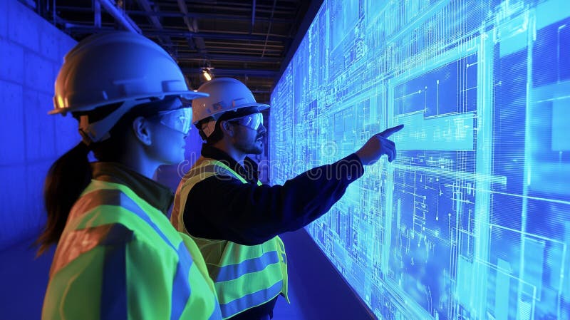 Engineers Collaborate on Digital Blueprint Interactive Screen Stock ...