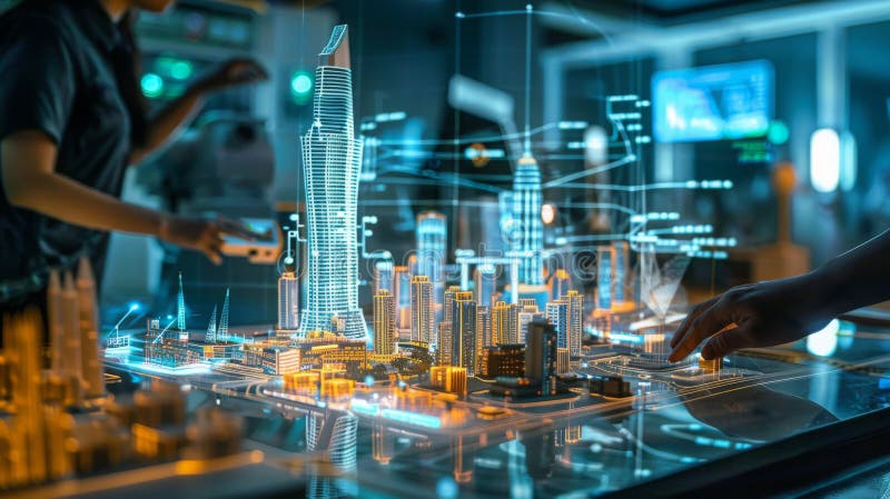 Engineers Working on Futuristic City Model with Holograms in Modern Lab ...