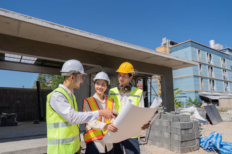 Engineers Collaborating on Construction Plans Outdoors. Teamwork and ...