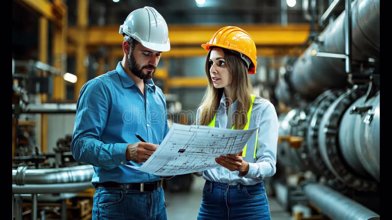 Engineers Reviewing Blueprint in Factory for Construction and Manufacturing Projects Site Design ...