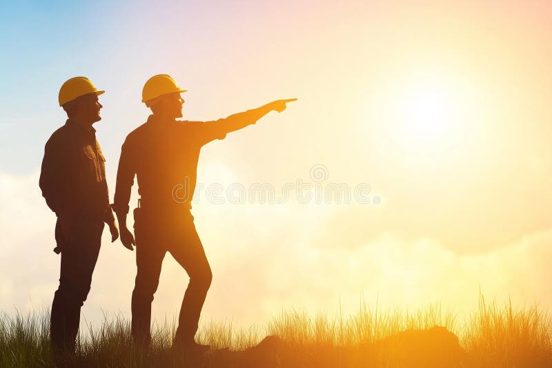 Engineers Collaborating on Construction Project during Sunset in Open ...