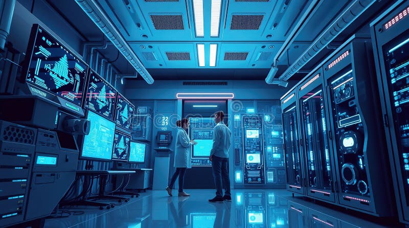 Engineers Collaborating in High-Tech Data Center Stock Illustration - Illustration of ...