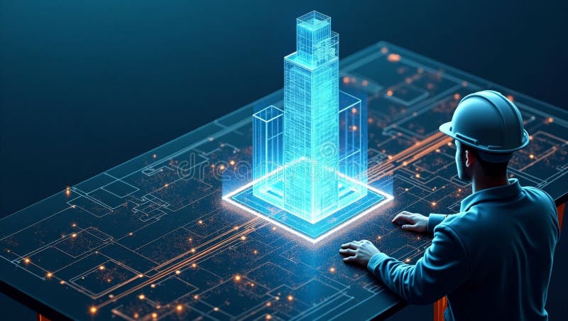 Engineers Collaborating on a Holographic Building Project Stock Illustration - Illustration of ...