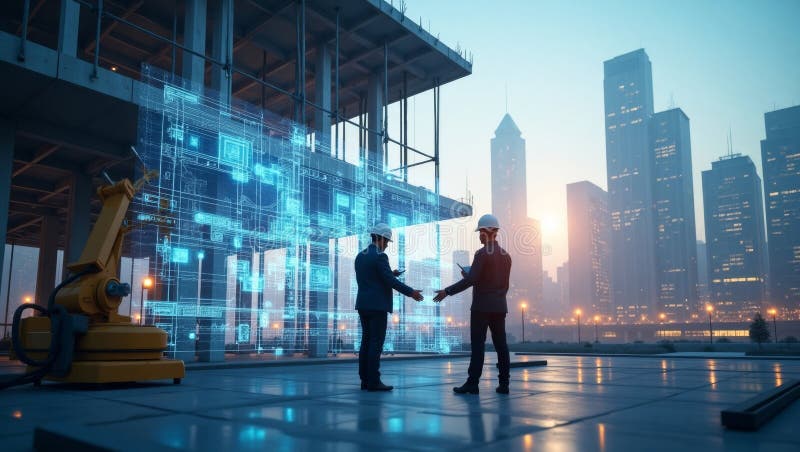 Engineers Collaborating on a Holographic Building Project Stock Illustration - Illustration of ...