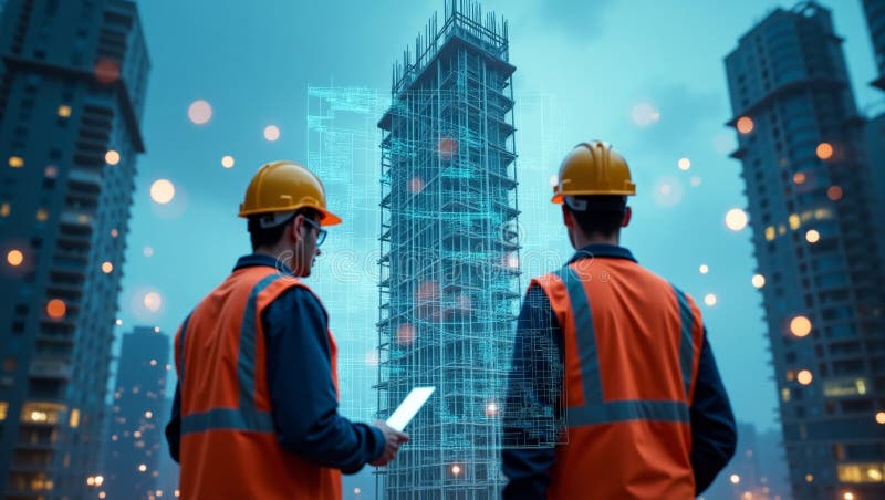 Engineers Collaborating on a Holographic Building Project Stock Illustration - Illustration of ...