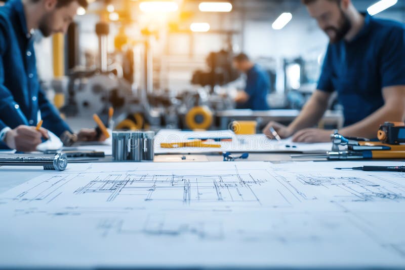 Engineers Collaborating Over Blueprints in an Industrial Setting ...