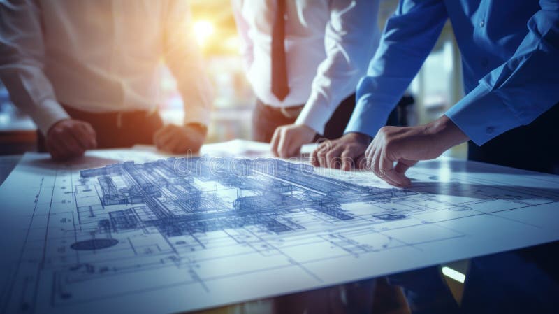 Engineers Collaborating Over Blueprints in Office Stock Illustration ...