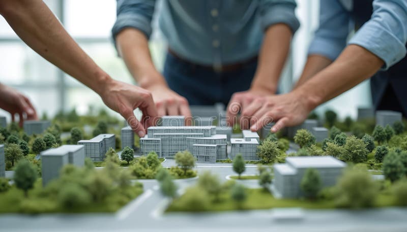 Engineers Collaborating on a Scale Model of Urban Landscape. Team Works ...