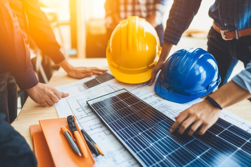 Engineers Collaborating on Solar Panel Design with Hardhats in Construction Environment Stock ...