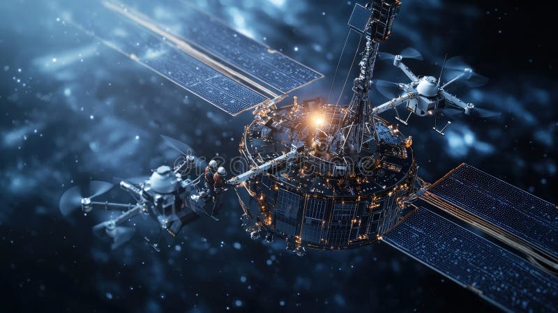 Engineers Conducting Satellite Repairs Orbiting Earth Futuristic Aerial ...
