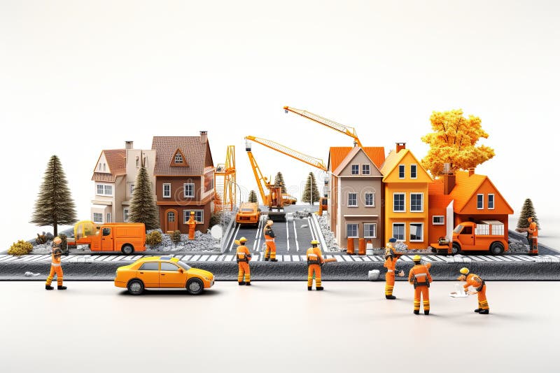 Engineers Construction Industrial Site with Workers 3D Illustration ...