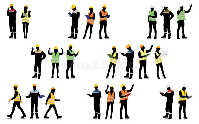 Engineers and Construction Workers Silhouettes with Safety Gear ...