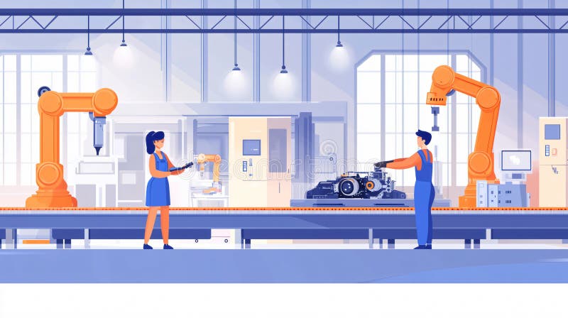 Engineers Working in Car Factory with Automated Assembly Line Stock ...