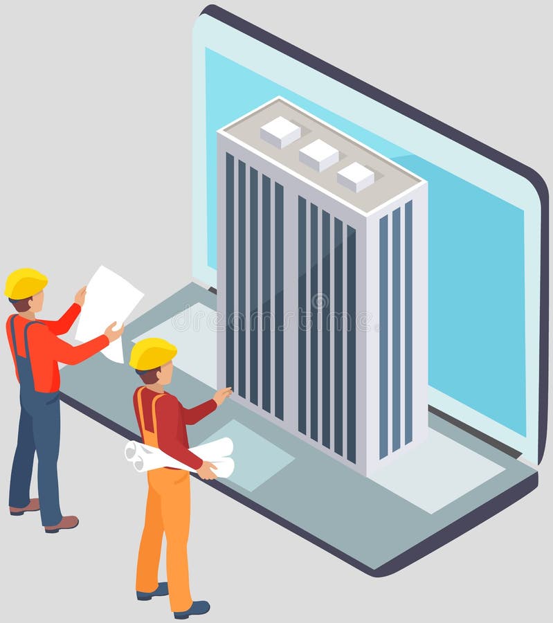 Engineers Create Plan of Skyscrapers Building, Builders Work with ...