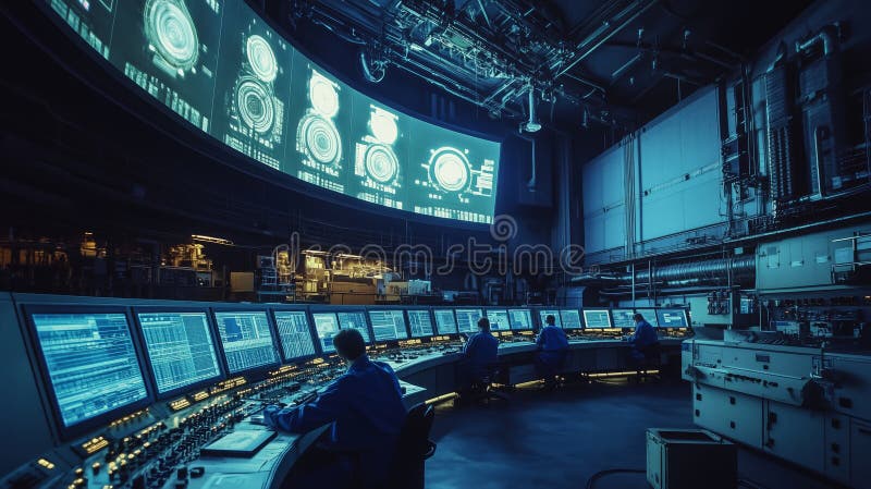 Engineers in Dark Blue Overalls Collaborate at Advanced Control Station ...