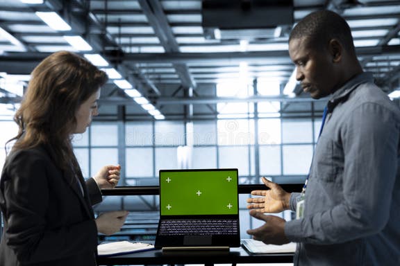 Engineers in Data Center Using Isolated Screen Mockup Laptop Stock Photo - Image of team ...