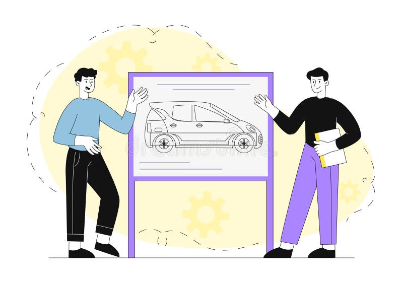 Engineers Design Car. Two Men Talking Over Drawing of Machine ...