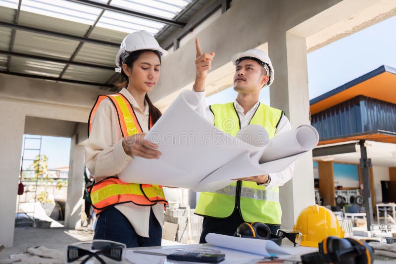 Engineers Discussing Blueprints on Construction Site. Focus on Project ...