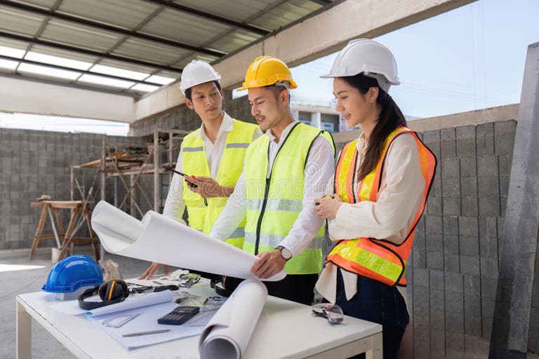 Engineers Discussing Construction Blueprints on Site. Focus on Project ...