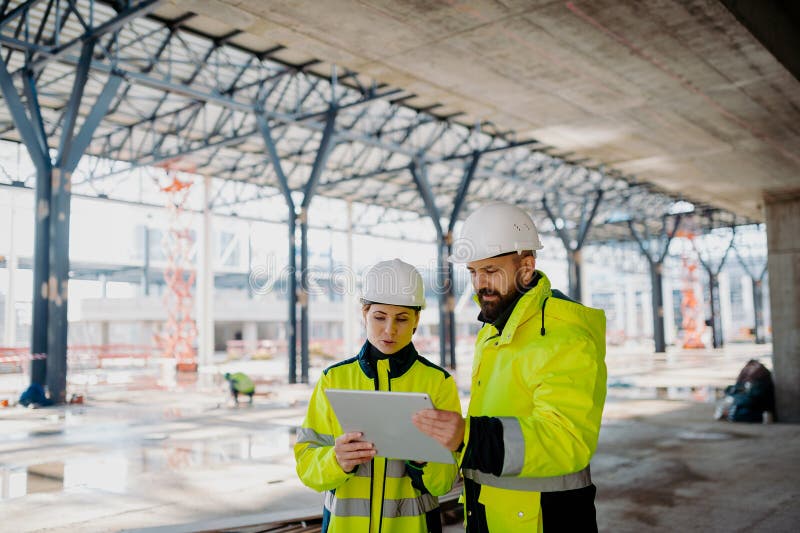 Engineers Discussing Construction Plans Using a Tablet on Site. Stock ...