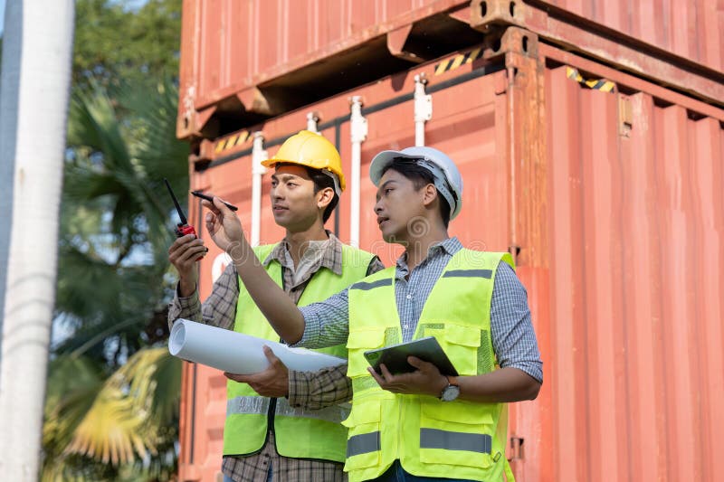 Team Collaboration Engineers Discussing Logistics Shipping Container ...