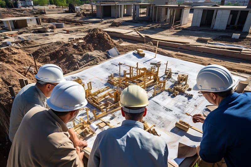 Engineers Discussing Over Blueprint at Construction Site. Engineering and Architecture Concept ...