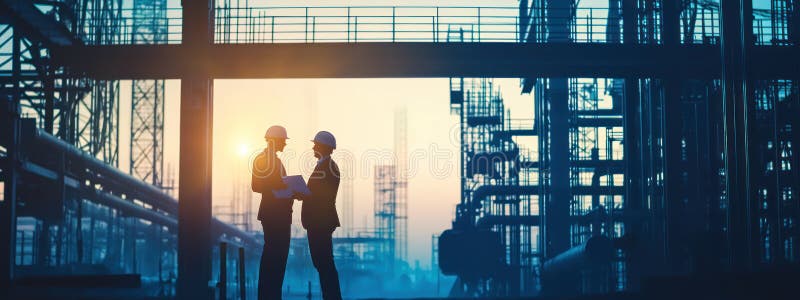 Engineers Discussing Plans at Industrial Site during Sunset, Showcasing ...