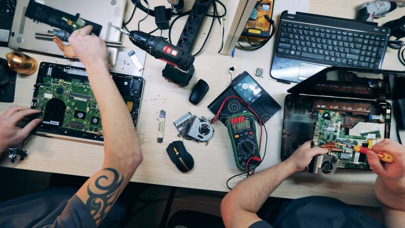 Top View. Engineers Creating Innovative Cybernetic Bionic Arm. Hi-tech ...